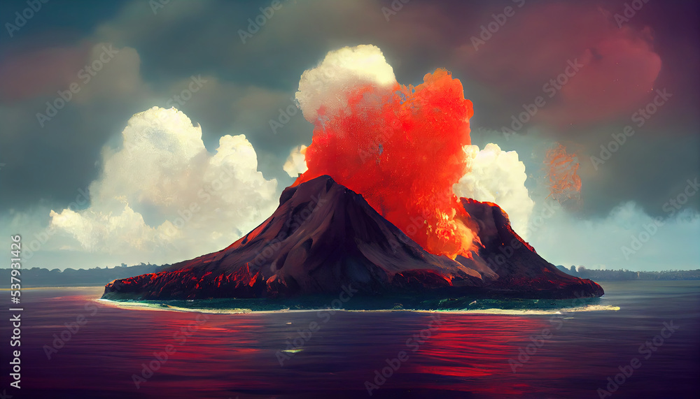 Massive Volcano Eruption. A large volcano erupting hot lava and gases ...