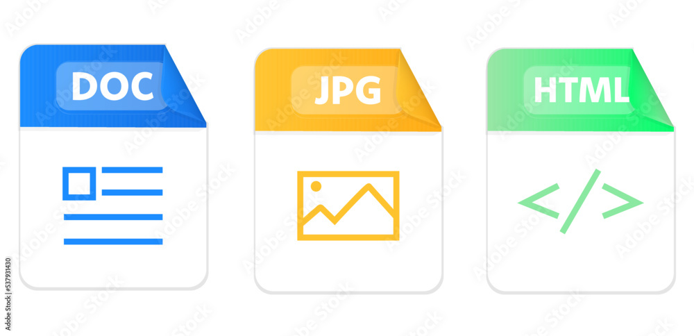 File type icons. Set of doc, jpg, html. Collection colored icons for ...