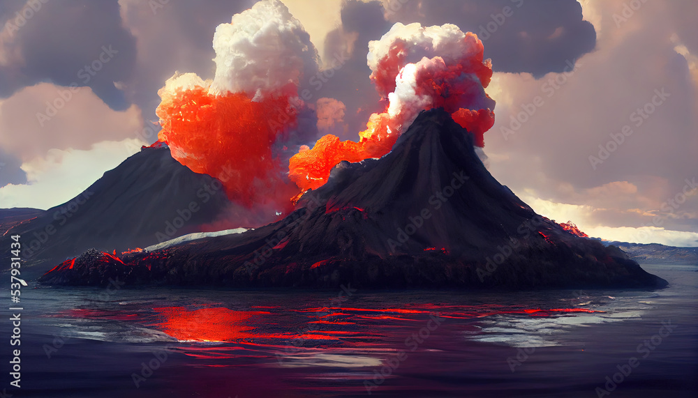 Massive Volcano Eruption. A large volcano erupting hot lava and gases ...