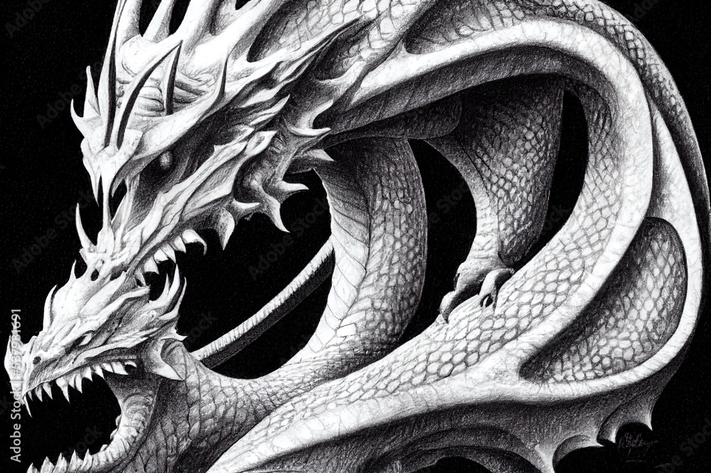 Dragon head on the stone background pencil drawing. Stock Illustration ...