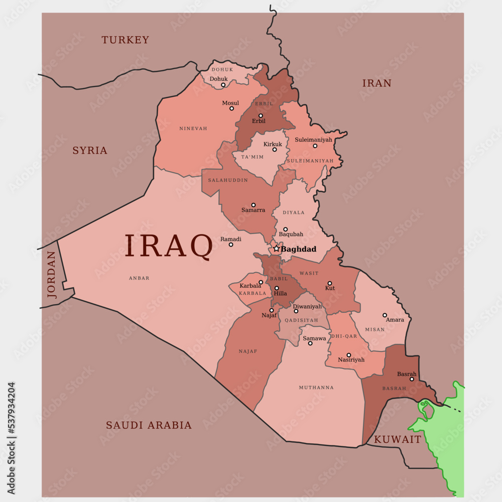 Map of Iraq with provinces (governorates) in various colours and cities ...