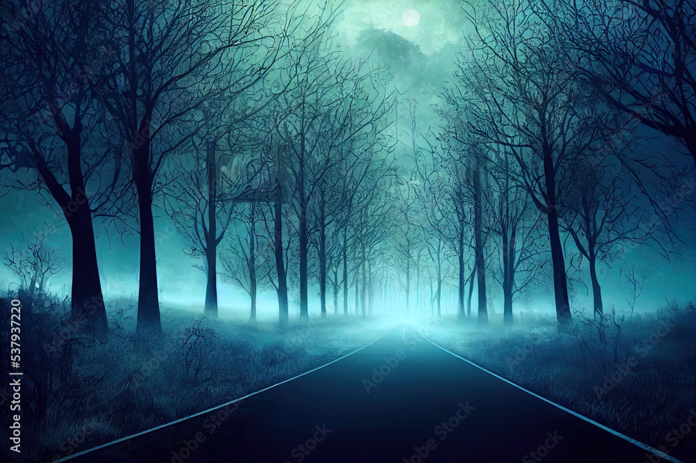 Raster illustration of spooky empty road in dark scary forest under ...