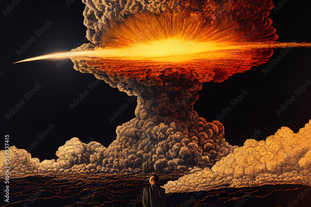 The concept of a nuclear strike. Silhouette of a man in a suit watching ...