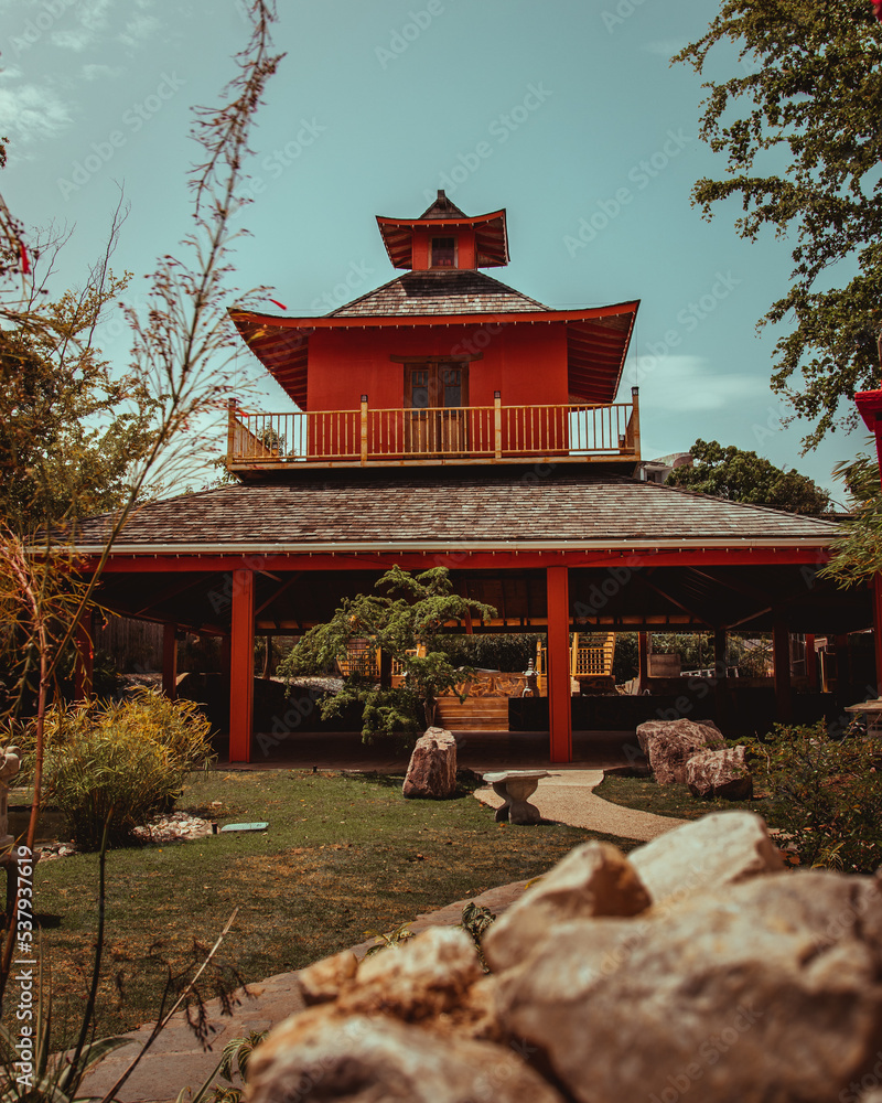 Beautiful Japanese dojo building garden park in puerto rico on evening ...