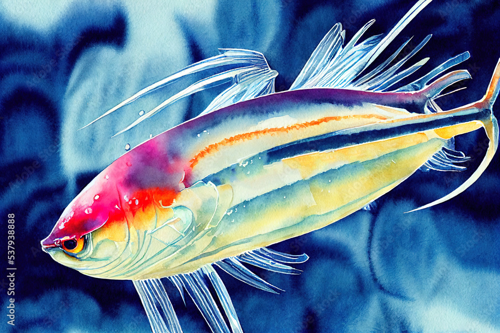 Watercolor illustration of capelin fish. Marine food fish, whole fresh ...