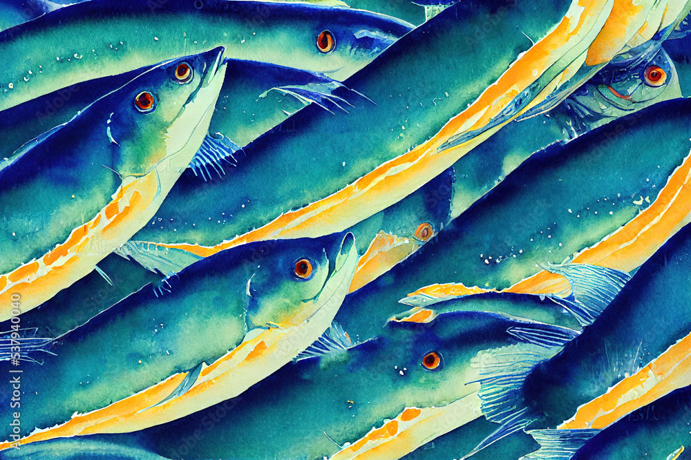 Watercolor illustration of capelin fish. Marine food fish, whole fresh ...