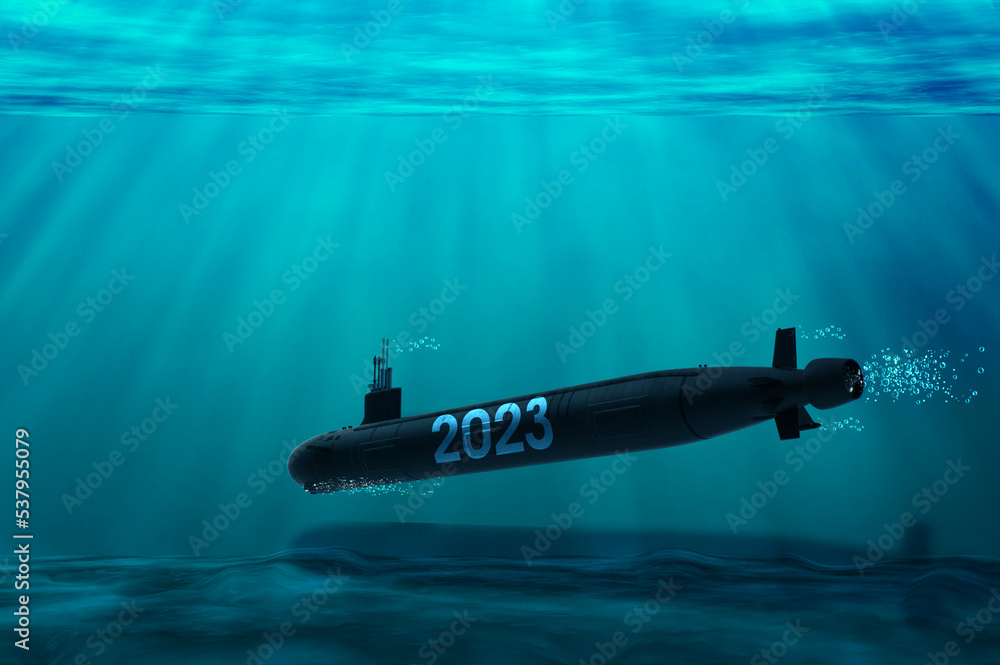 3D rendering of a 2023 new year submarine in the deep sea, World ...