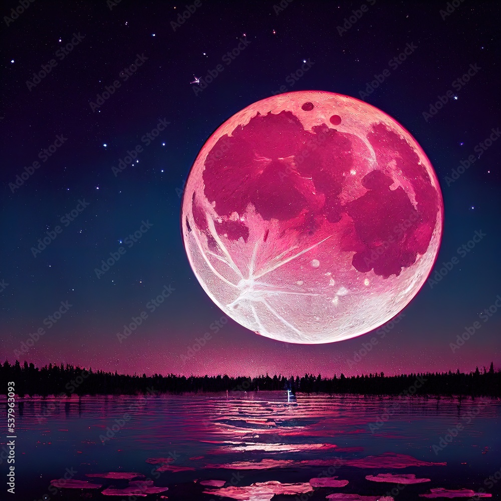 pink planet big moon light reflect at lake stars shining Stock ...