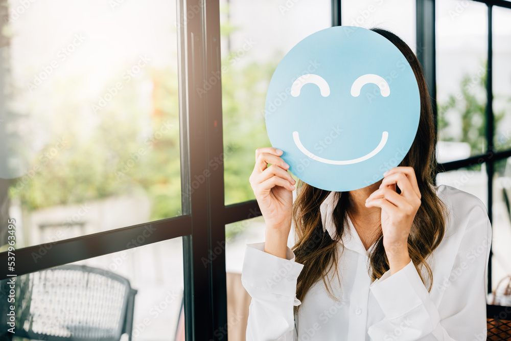 Customer experience review. Female holding smile emoji, Happy business ...