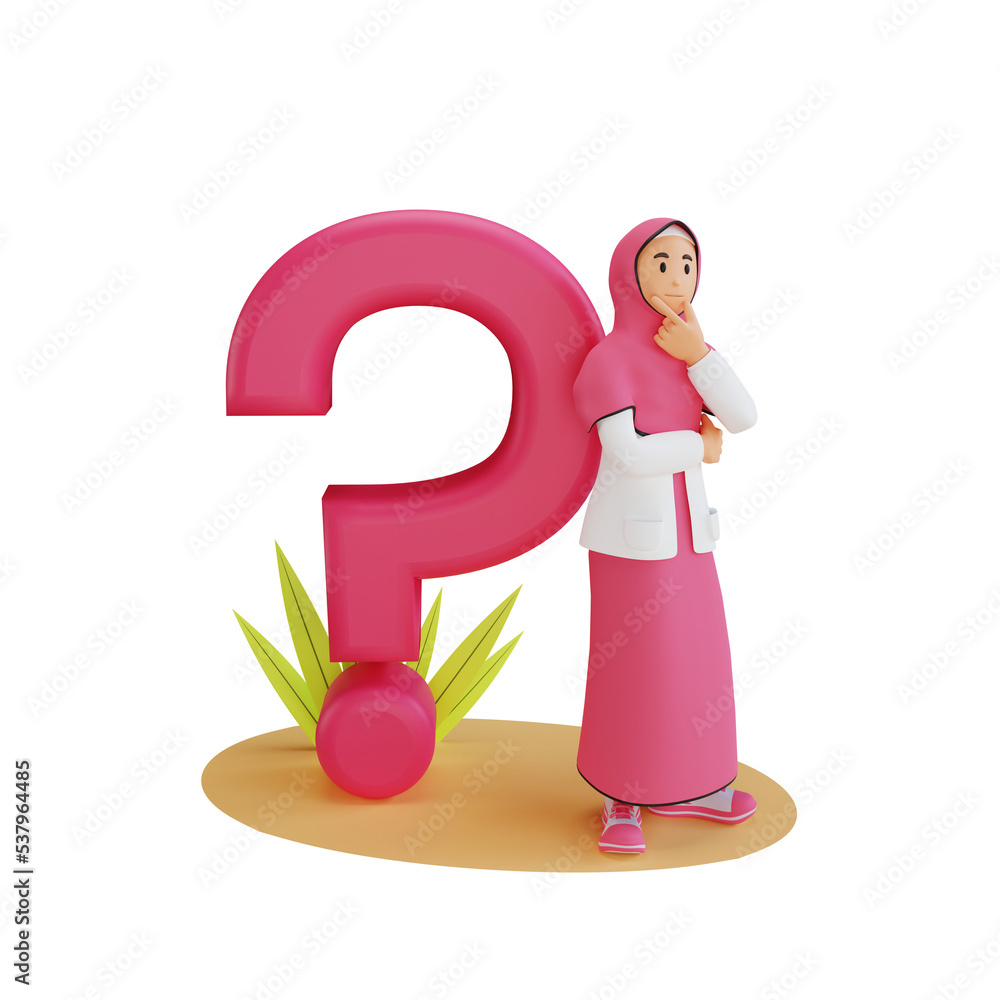 young muslim woman thinking with big question mark, 3d character ...