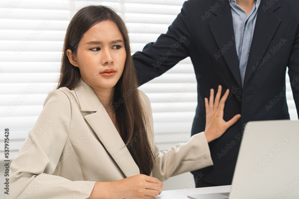 Unhappy, disgusted asian young employee, business woman defending hand ...