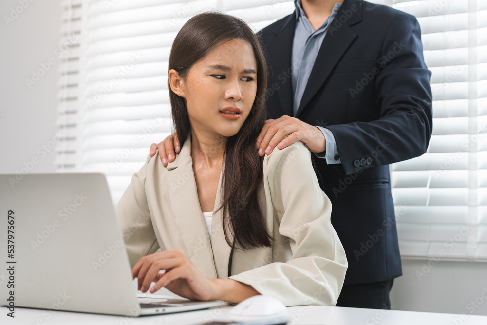 Disgusted Asian Young Employee Pressure Business Woman Uncomfortable