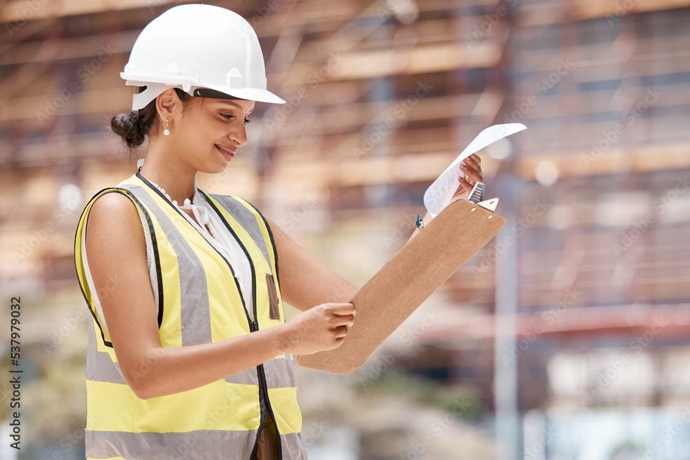 Photo & Art Print Construction worker, checklist and clipboard, woman ...