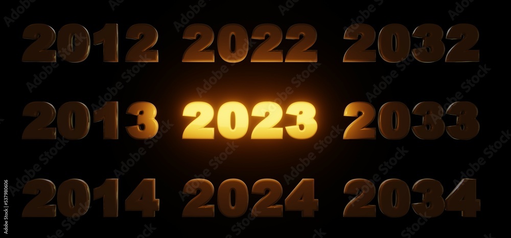 3D letters of the coming year 2023 among past and future decates ...