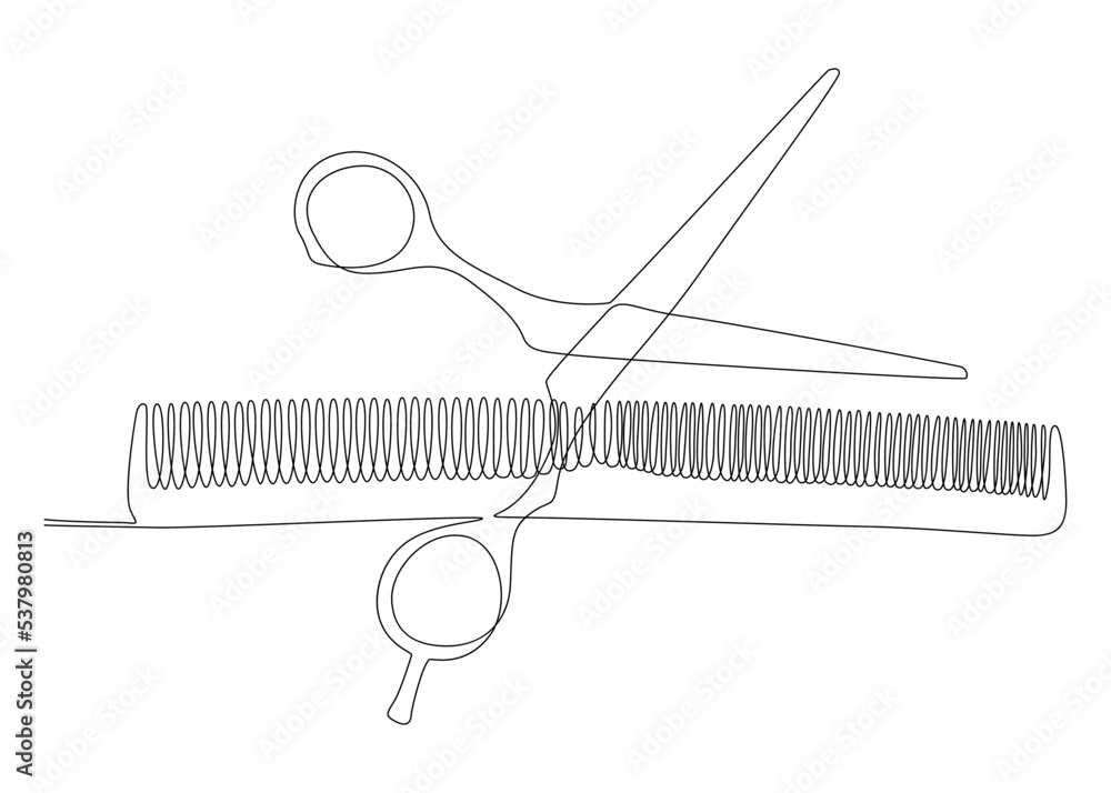 One continuous line drawing of comb and scissor. Thin Line Illustration ...