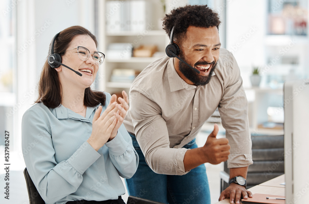 Crm, call center and thumb up with team celebration, wow and smile at ...