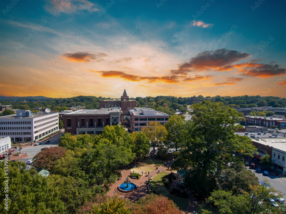 an aerial shot of a gorgeous autumn landscape at the Marietta Square ...