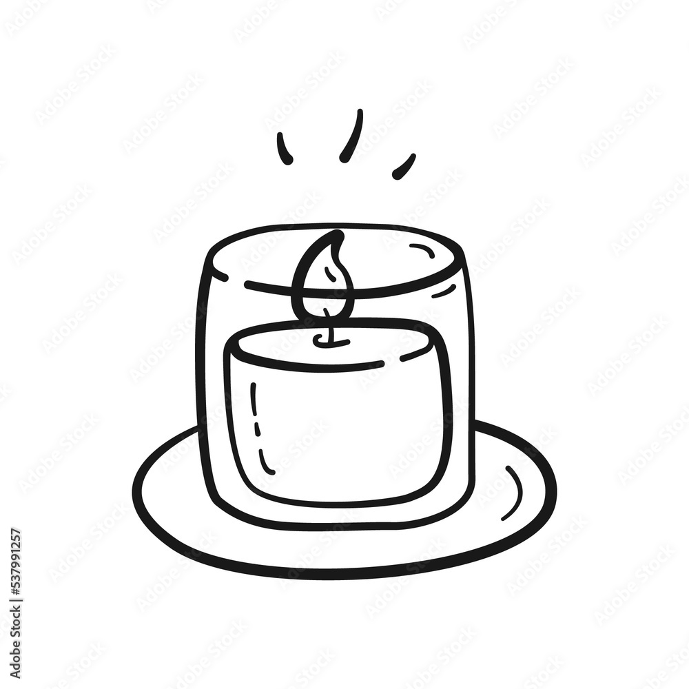 Simple doodle candle in glass jar. Burning candle in glass in black ...