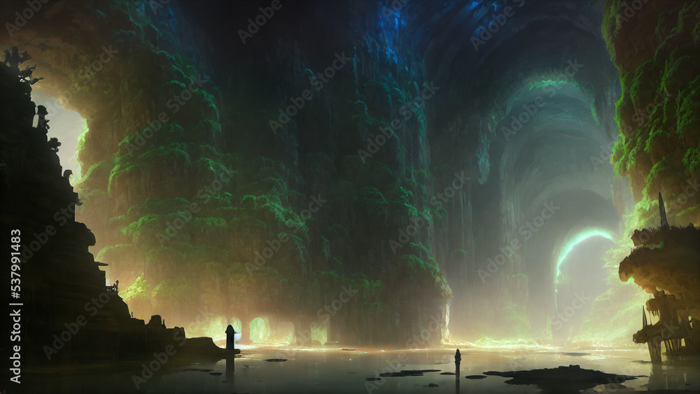 Artwork of fantastical unrealistic caves, floating, wet, good lighting ...