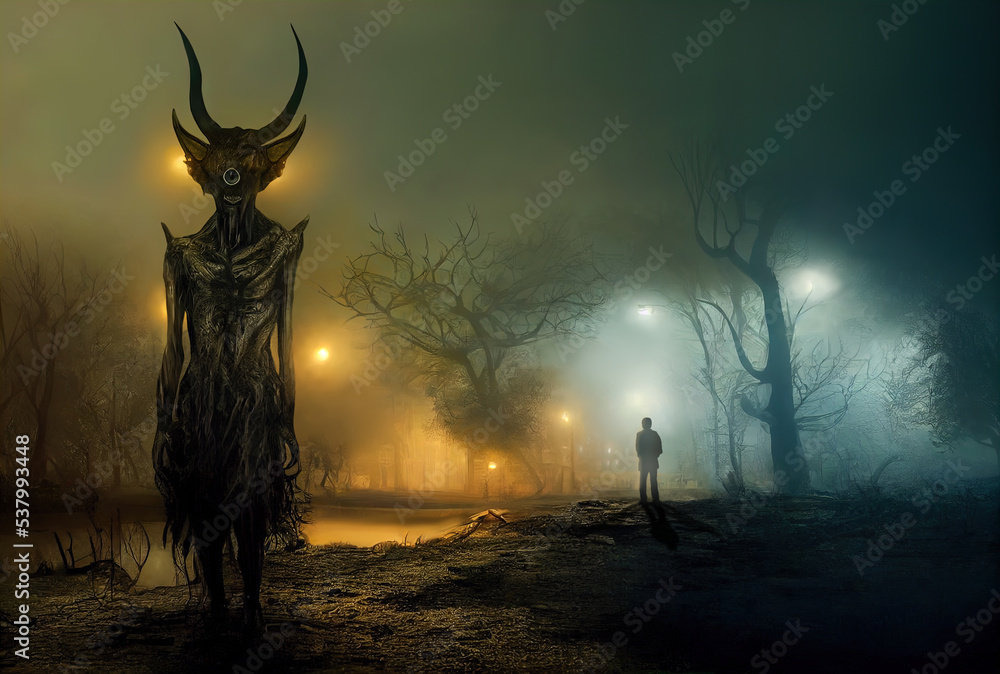 Meeting of a passerby and a nocturnal creature. Realistic digital ...