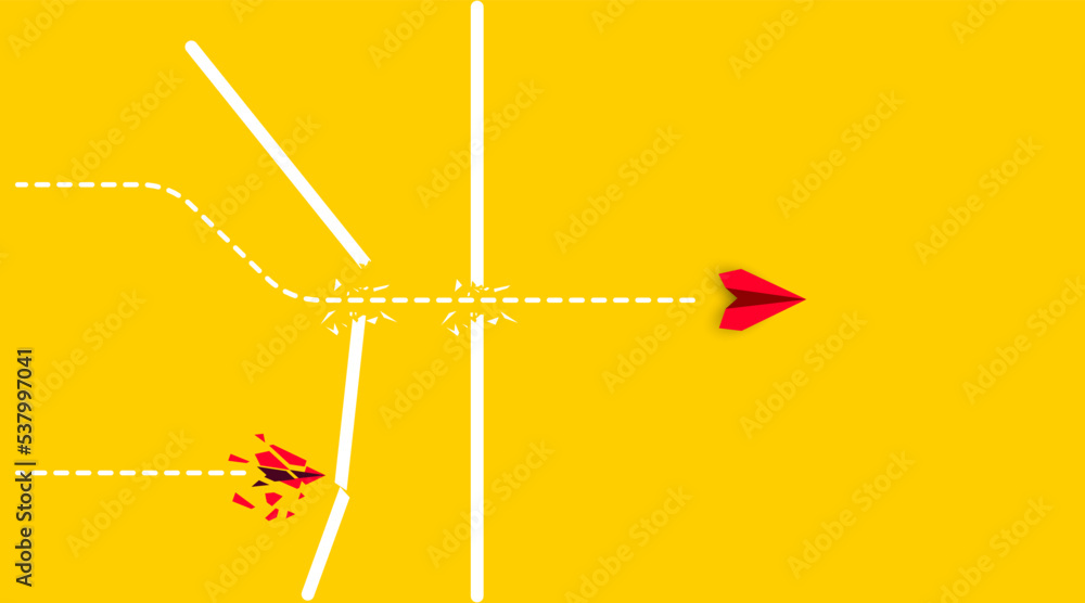 The red plane is flying towards success by overcoming the barriers ...