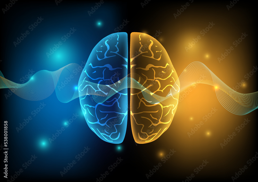 Illustration of human brain and brain waves on technology background ...