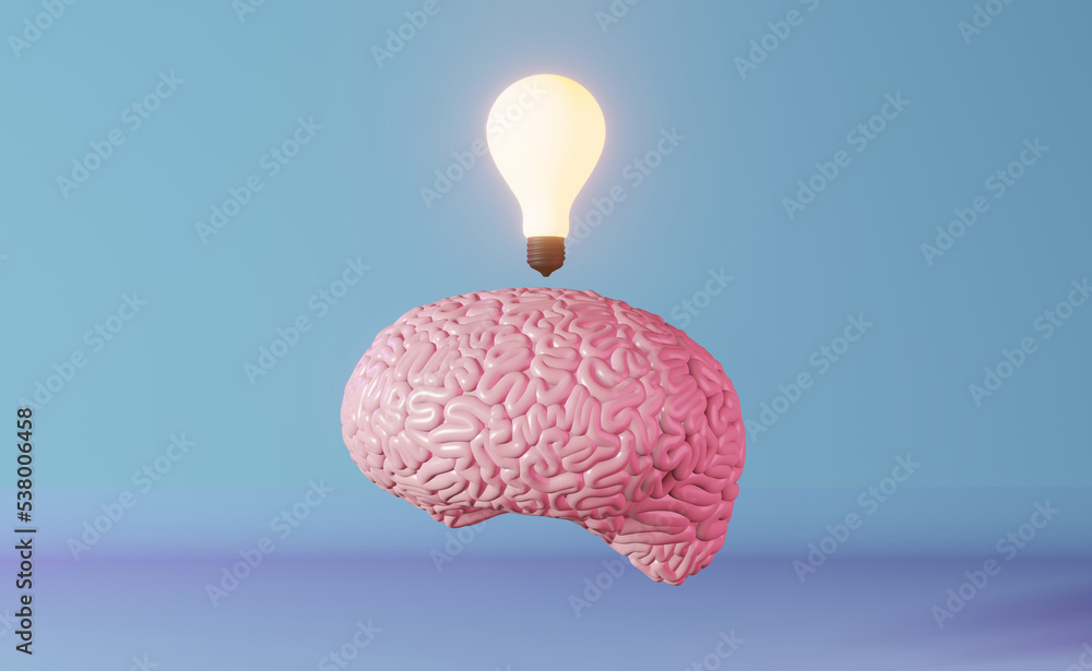 Illustrazione Stock Human brain glowing light bulb neon background 3d ...