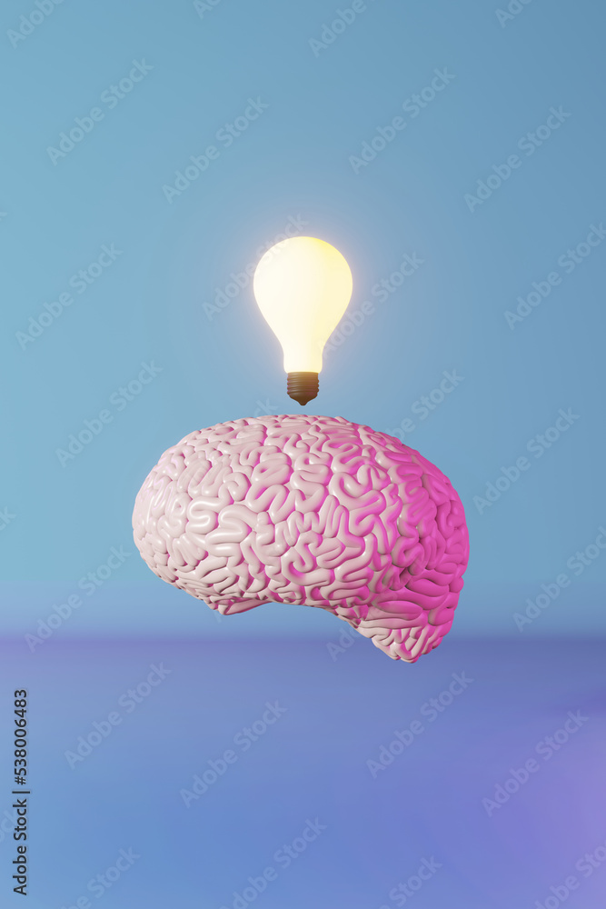 Human brain glowing light bulb neon background 3d rendering.Creative ...