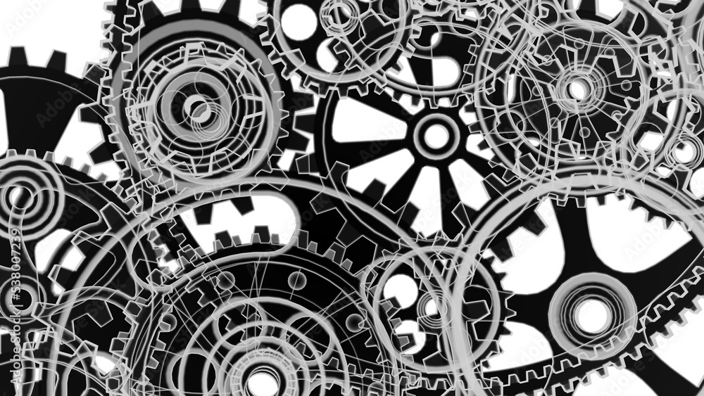Mechanism white gears and cogs at work under white spot lighting ...