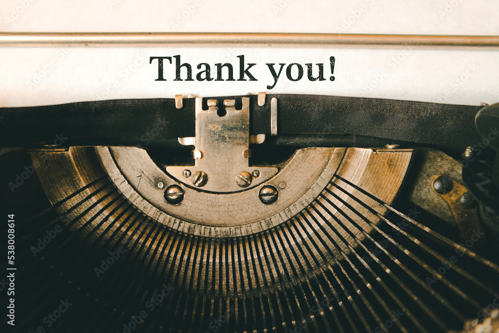 "Thank you!" printed on an old mechanical typewriter. Vintage photo ...