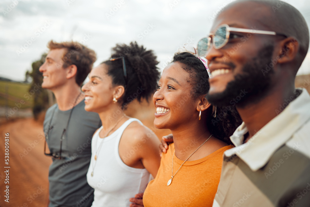Friends, road trip and smile of happy people enjoying a view outdoor ...