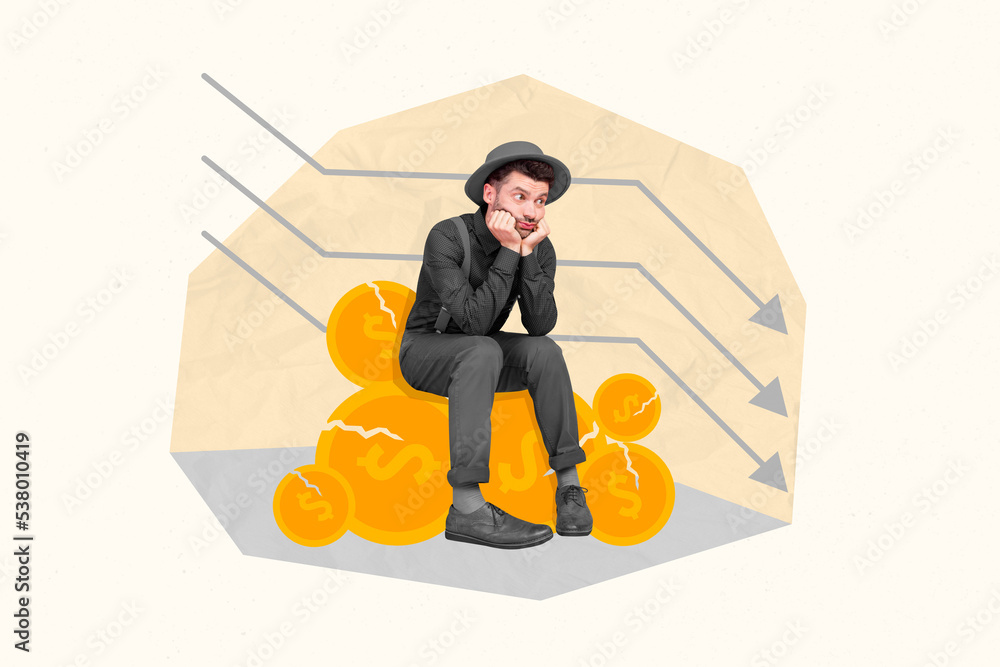 Composite collage picture of miserable person sit pile stack broken ...