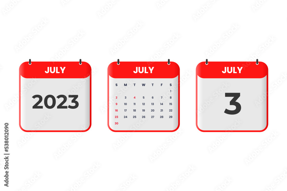 Vecteur Stock July 2023 calendar design. 3rd July 2023 calendar icon ...