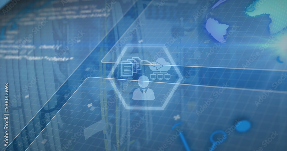 Image of digital interface and data processing over blue background ...