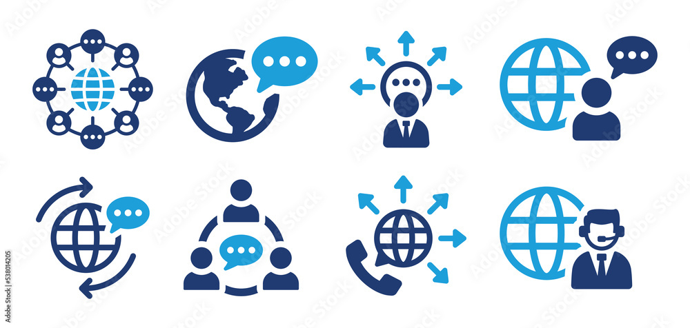 Global communication icon set. Communicate worldwide with people ...