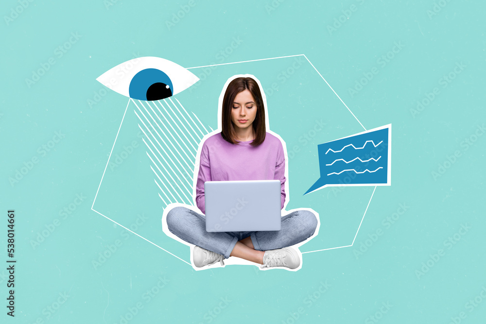 Collage 3d image of pinup pop retro sketch of eye peeking serious lady ...