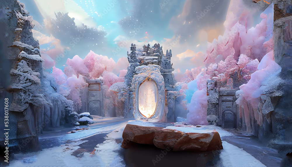 Magical portal on winter landscape, fairy tale background with ice ...