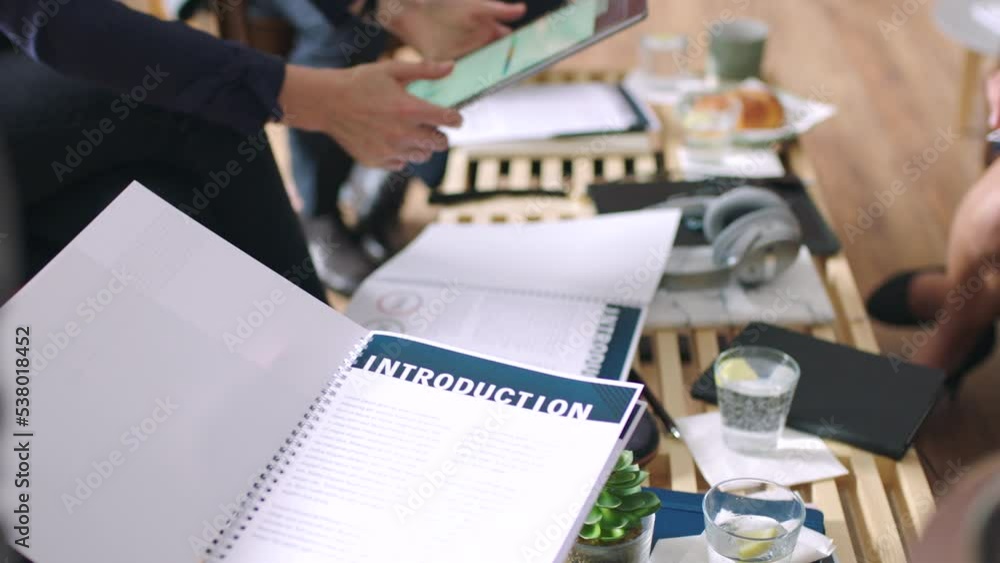 Corporate, report and lunch with people at cafe working on marketing ...