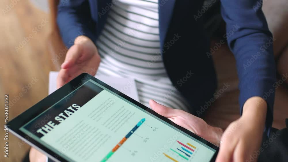 Business people hands, tablet stats and research infographic for ...