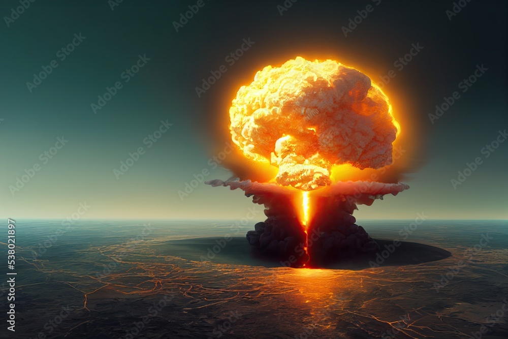 Satellite view of a nuclear explosion in a city skyline creating a ...