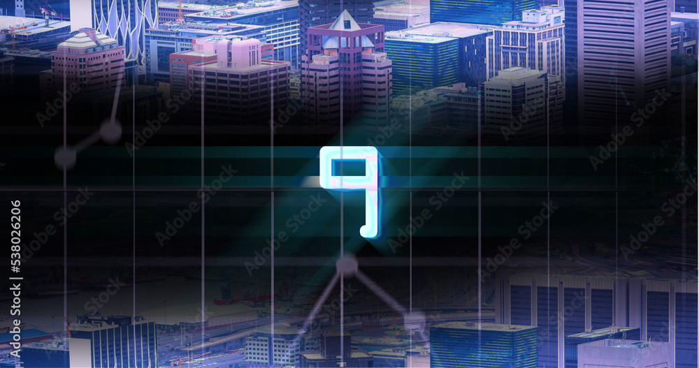 Composite of illuminated 9 number with grid pattern and connected dots ...