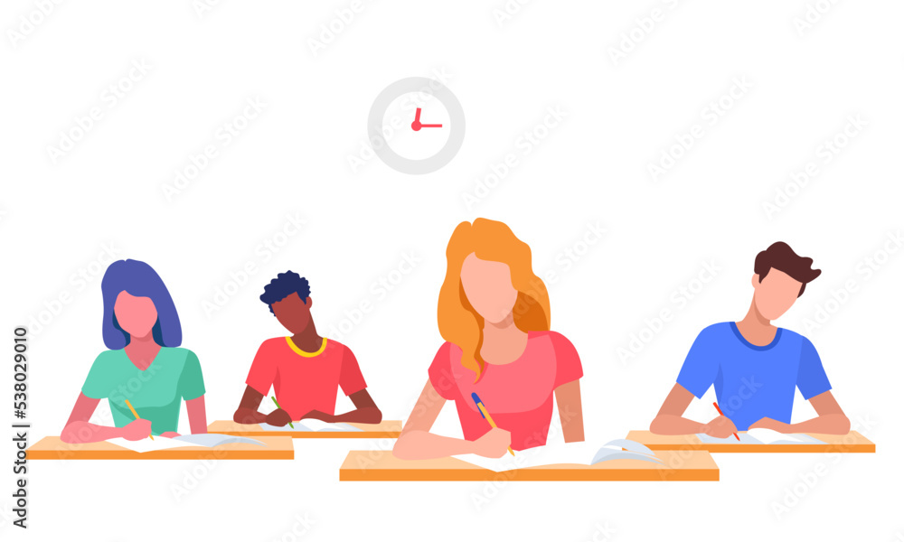 Students sitting at their desks are solving exam questions. school kids ...