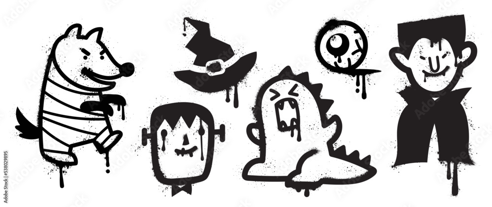 Set of graffiti spray pattern. Collection of halloween symbols ...
