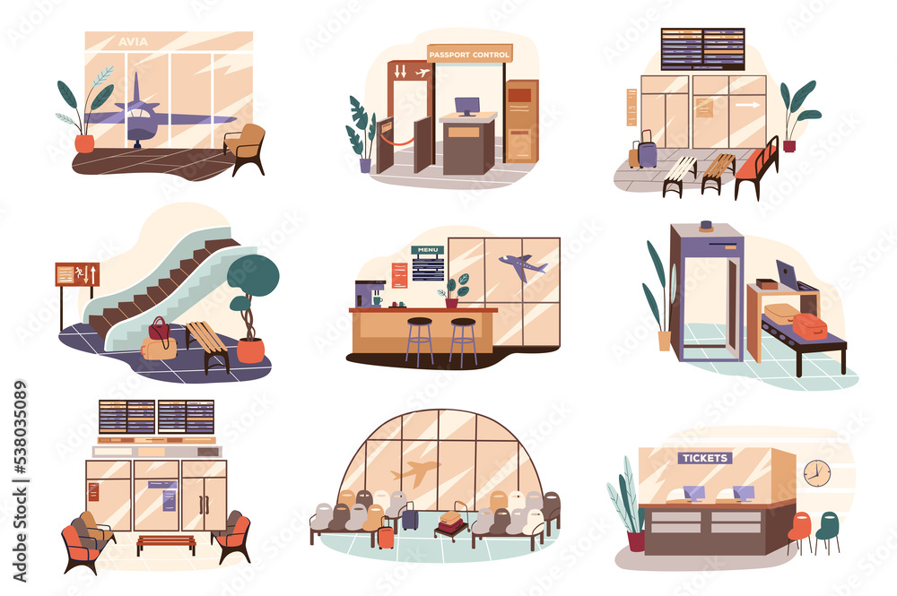 Airport terminal isolated scenes set. Ticket purchase, passport control ...