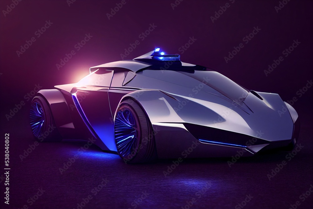 science fiction police super sport car, hyper modern car made of chrome ...