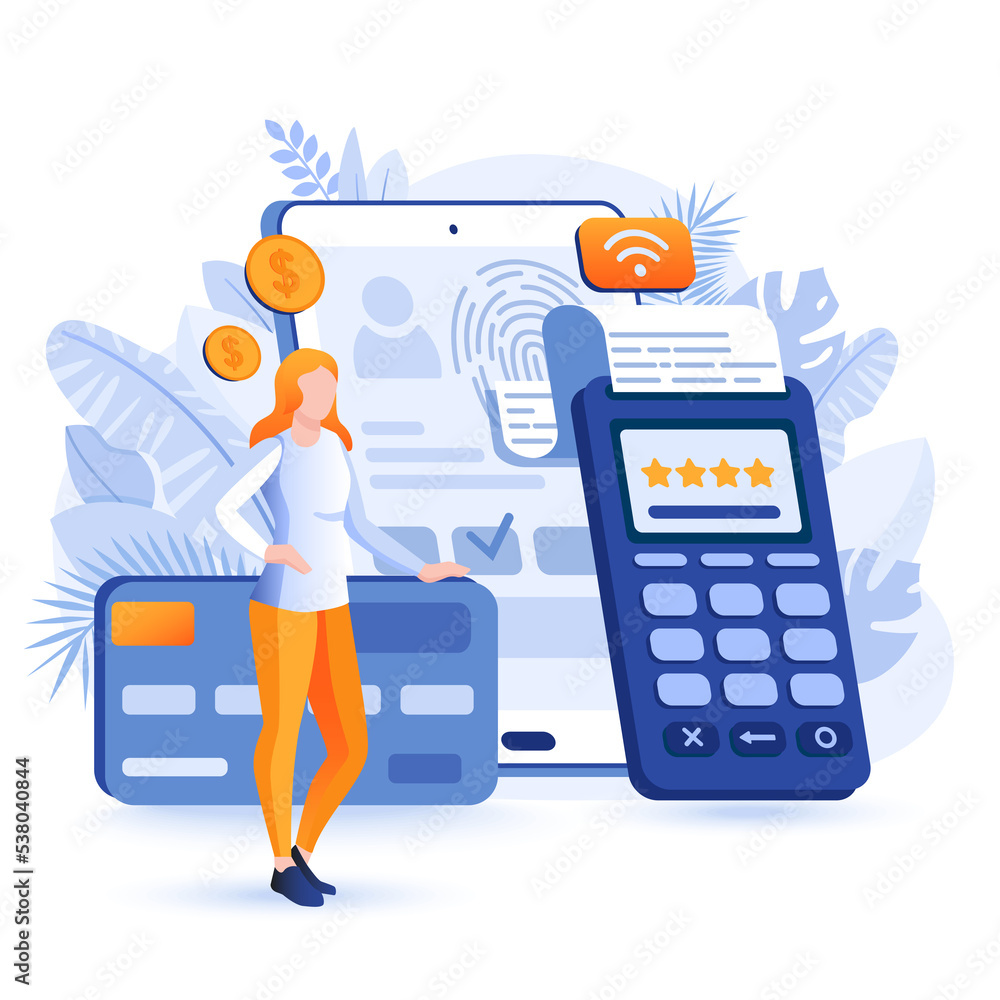 ภาพประกอบสต็อก Mobile payment scene. Woman makes purchases by paying ...