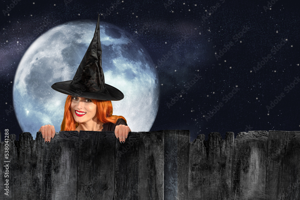 Halloween Witch peeking out behind a fence or wooden wall. Female ...