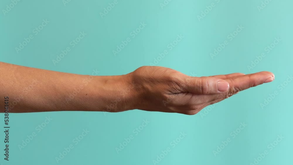 Outstretched open female hand gesture on light blue background. Woman ...