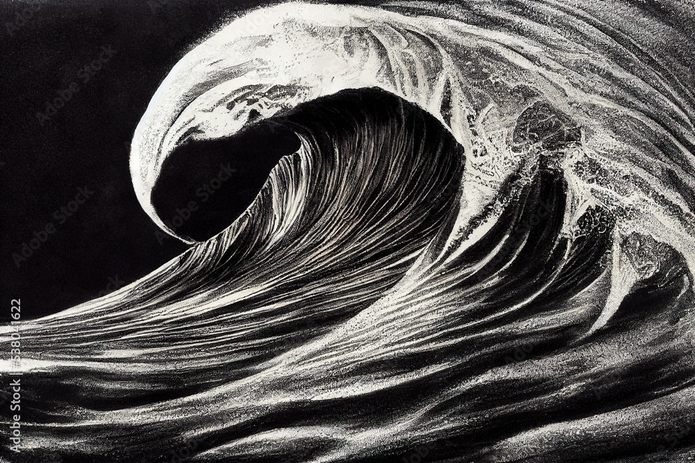 Rugged sea wave drawing with charcoal, with abstract art. Black and ...