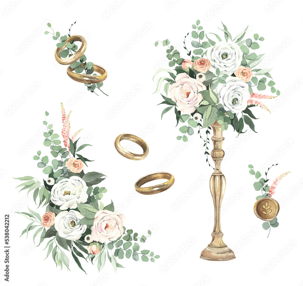 Floral wedding set with bouquet in golden vase, weding rings ...